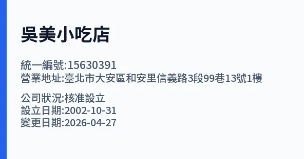 吳美小吃店的照片-統編 15630391(臺北市) 公司登記資料與營業項目詳細圖表