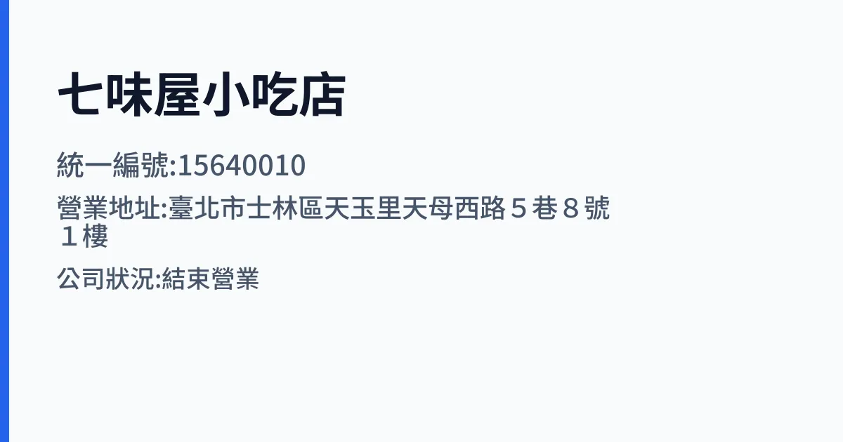 七味屋小吃店 - 統編 15640010(臺北市) 公司登記資料與營業項目詳細圖表