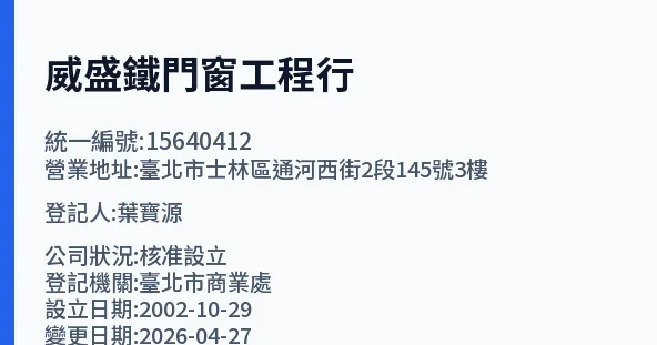 威盛鐵門窗工程行的照片-統編 15640412(臺北市) 公司登記資料與營業項目詳細圖表