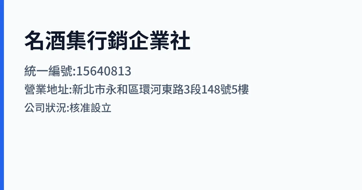 名酒集行銷企業社 - 統編 15640813(新北市) 公司登記資料與營業項目詳細圖表