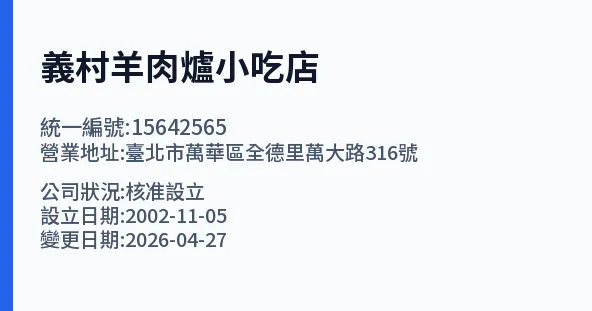 義村羊肉爐小吃店的照片-統編 15642565(臺北市) 公司登記資料與營業項目詳細圖表