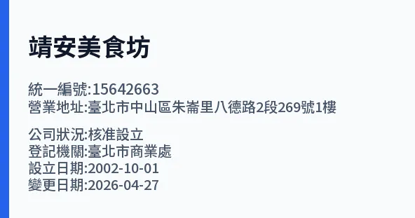靖安美食坊的照片-統編 15642663(臺北市) 公司登記資料與營業項目詳細圖表