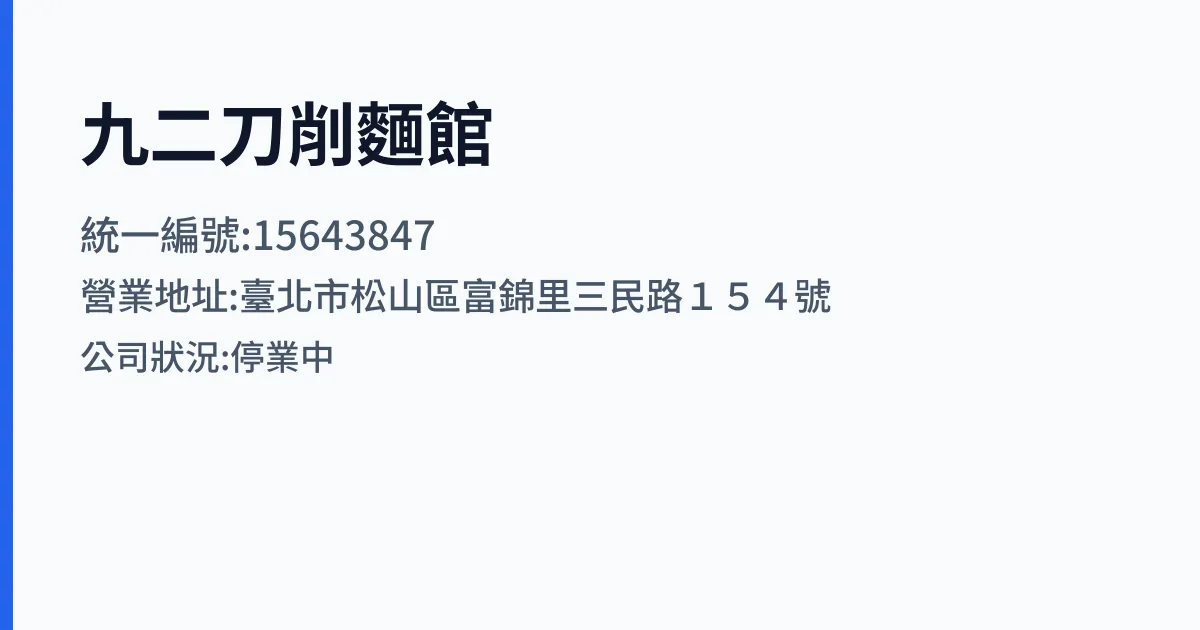九二刀削麵館 - 統編 15643847(臺北市) 公司登記資料與營業項目詳細圖表