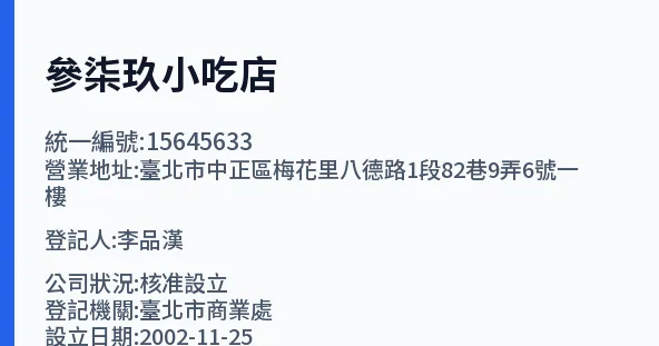 參柒玖小吃店的照片-統編 15645633(臺北市) 公司登記資料與營業項目詳細圖表