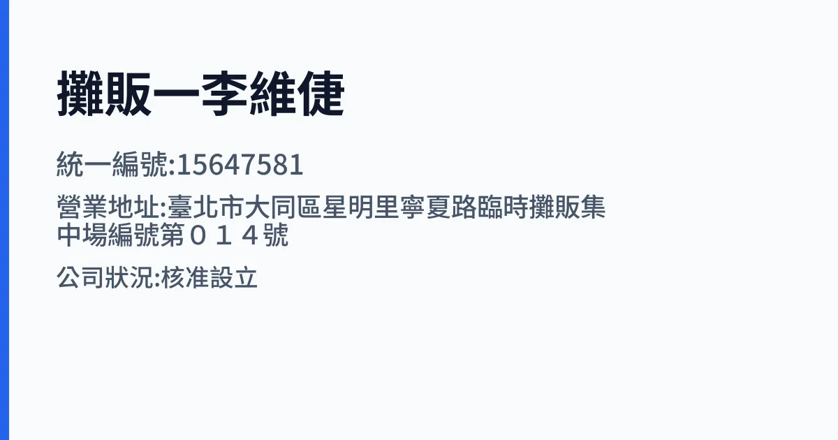 攤販一李維倢 - 統編 15647581(臺北市) 公司登記資料與營業項目詳細圖表