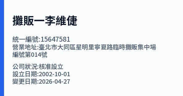 攤販一李維倢的照片-統編 15647581(臺北市) 公司登記資料與營業項目詳細圖表