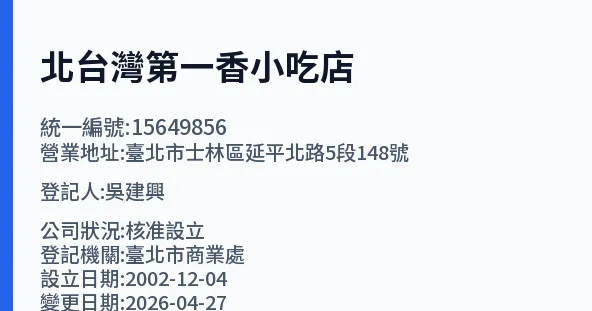 北台灣第一香小吃店的照片-統編 15649856(臺北市) 公司登記資料與營業項目詳細圖表