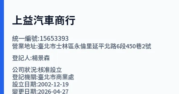 上益汽車商行的照片-統編 15653393(臺北市) 公司登記資料與營業項目詳細圖表