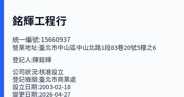 銘輝工程行的照片-統編 15660937(臺北市) 公司登記資料與營業項目詳細圖表
