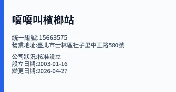 嗄嗄叫檳榔站的照片-統編 15663575(臺北市) 公司登記資料與營業項目詳細圖表