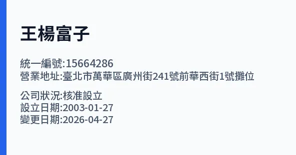 王楊富子的照片-統編 15664286(臺北市) 公司登記資料與營業項目詳細圖表