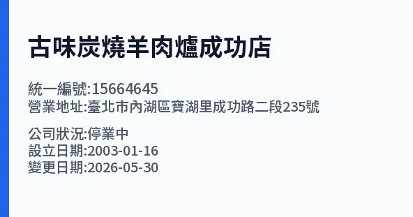 古味炭燒羊肉爐成功店的照片-統編 15664645(臺北市) 公司登記資料與營業項目詳細圖表
