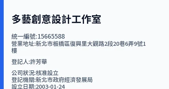 多藝創意設計工作室的照片-統編 15665588(新北市) 公司登記資料與營業項目詳細圖表