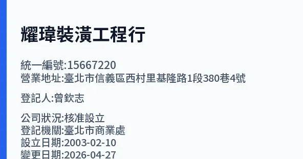 耀瑋裝潢工程行的照片-統編 15667220(臺北市) 公司登記資料與營業項目詳細圖表