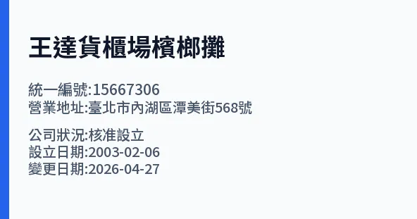 王達貨櫃場檳榔攤的照片-統編 15667306(臺北市) 公司登記資料與營業項目詳細圖表