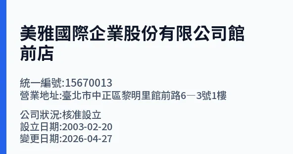 美雅國際企業股份有限公司館前店的照片-統編 15670013(臺北市) 公司登記資料與營業項目詳細圖表