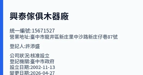 興泰傢俱木器廠的照片-統編 15671527(臺中市) 公司登記資料與營業項目詳細圖表