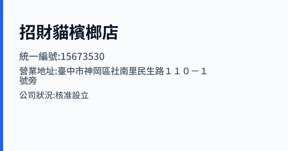 招財貓檳榔店 - 統編 15673530(臺中市) 公司登記資料與營業項目詳細圖表