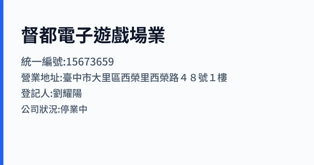 督都電子遊戲場業 - 統編 15673659(臺中市) 公司登記資料與營業項目詳細圖表