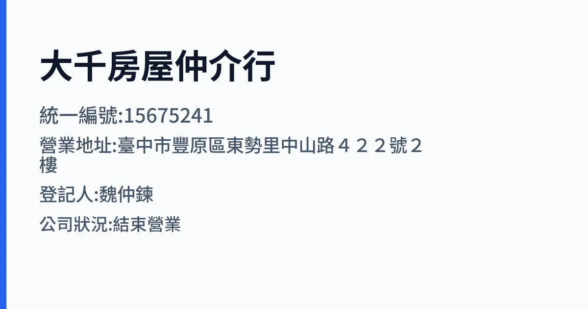 大千房屋仲介行 - 統編 15675241(臺中市) 公司登記資料與營業項目詳細圖表