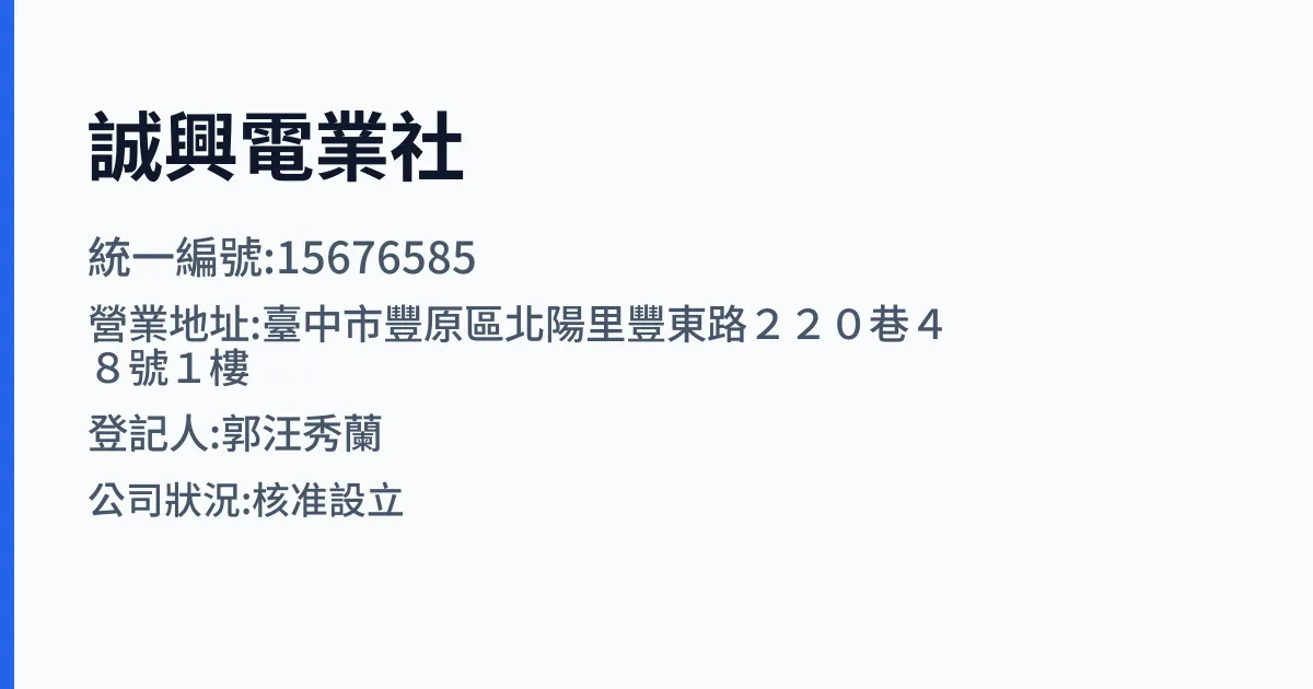 誠興電業社 - 統編 15676585(臺中市) 公司登記資料與營業項目詳細圖表