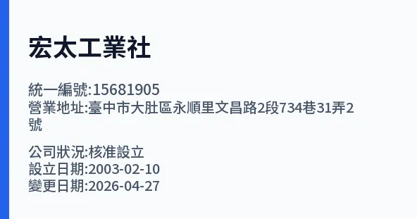 宏太工業社的照片-統編 15681905(臺中市) 公司登記資料與營業項目詳細圖表