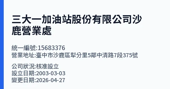 三大一加油站股份有限公司沙鹿營業處的照片-統編 15683376(臺中市) 公司登記資料與營業項目詳細圖表