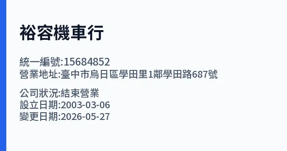 裕容機車行的照片-統編 15684852(臺中市) 公司登記資料與營業項目詳細圖表