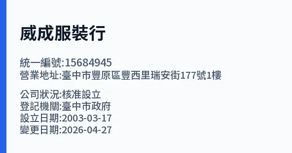 威成服裝行的照片-統編 15684945(臺中市) 公司登記資料與營業項目詳細圖表