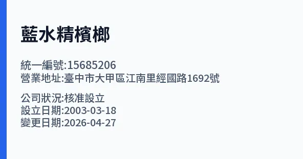 藍水精檳榔的照片-統編 15685206(臺中市) 公司登記資料與營業項目詳細圖表