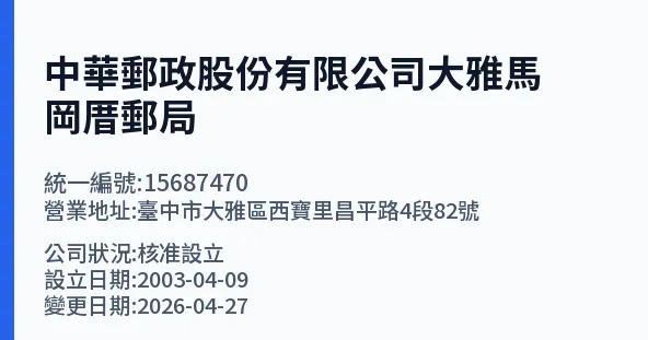 中華郵政股份有限公司大雅馬岡厝郵局的照片-統編 15687470(臺中市) 公司登記資料與營業項目詳細圖表