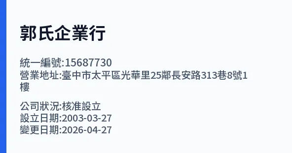 郭氏企業行的照片-統編 15687730(臺中市) 公司登記資料與營業項目詳細圖表