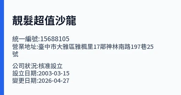 靚髮超值沙龍的照片-統編 15688105(臺中市) 公司登記資料與營業項目詳細圖表