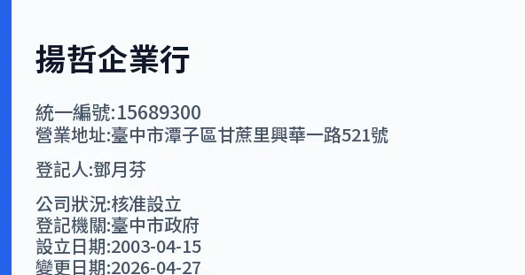揚哲企業行的照片-統編 15689300(臺中市) 公司登記資料與營業項目詳細圖表