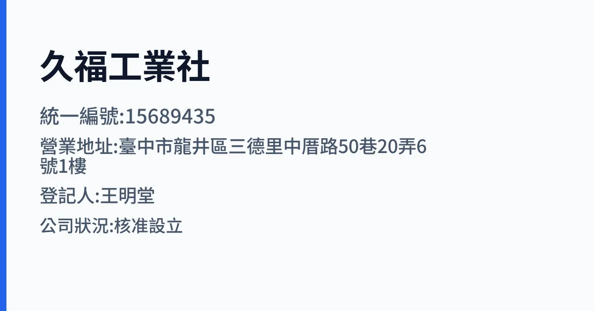 久福工業社 - 統編 15689435(臺中市) 公司登記資料與營業項目詳細圖表