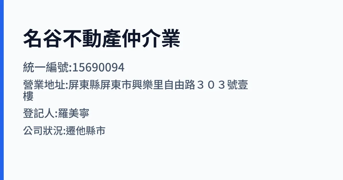 名谷不動產仲介業 - 統編 15690094(高雄市) 公司登記資料與營業項目詳細圖表