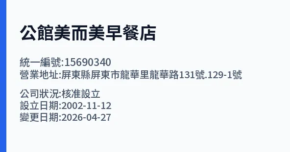 公館美而美早餐店的照片-統編 15690340(屏東縣) 公司登記資料與營業項目詳細圖表