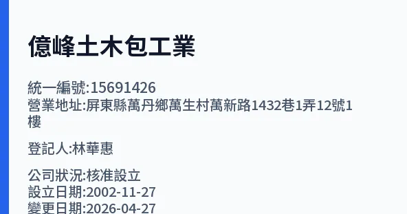 億峰土木包工業的照片-統編 15691426(屏東縣) 公司登記資料與營業項目詳細圖表