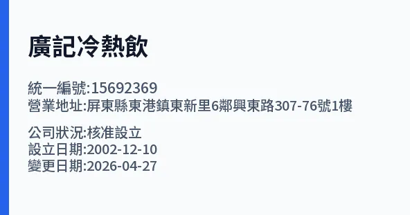 廣記冷熱飲的照片-統編 15692369(屏東縣) 公司登記資料與營業項目詳細圖表