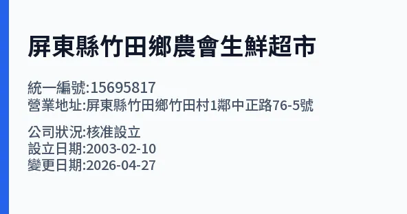 屏東縣竹田鄉農會生鮮超市的照片-統編 15695817(屏東縣) 公司登記資料與營業項目詳細圖表