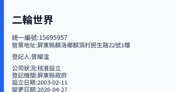 二輪世界的照片-統編 15695957(屏東縣) 公司登記資料與營業項目詳細圖表