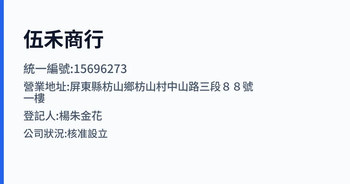 伍禾商行 - 統編 15696273(屏東縣) 公司登記資料與營業項目詳細圖表