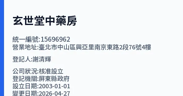 玄世堂中藥房的照片-統編 15696962(臺北市) 公司登記資料與營業項目詳細圖表