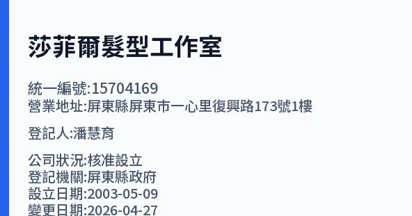 莎菲爾髮型工作室的照片-統編 15704169(屏東縣) 公司登記資料與營業項目詳細圖表