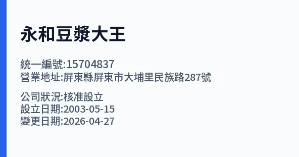 永和豆漿大王的照片-統編 15704837(屏東縣) 公司登記資料與營業項目詳細圖表