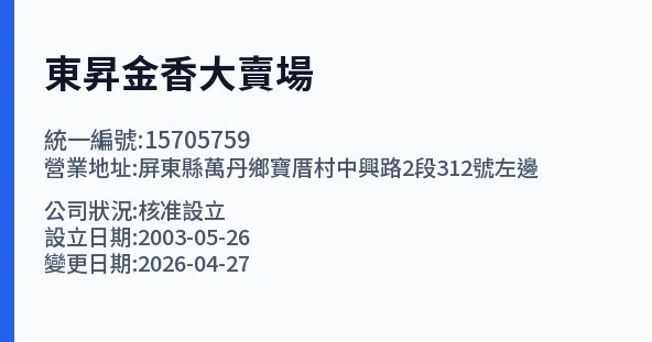 東昇金香大賣場的照片-統編 15705759(屏東縣) 公司登記資料與營業項目詳細圖表