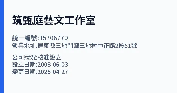 筑甄庭藝文工作室的照片-統編 15706770(屏東縣) 公司登記資料與營業項目詳細圖表