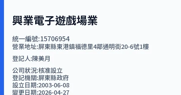 興業電子遊戲場業的照片-統編 15706954(屏東縣) 公司登記資料與營業項目詳細圖表