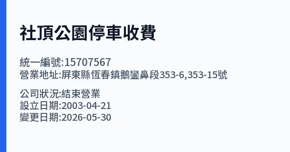 社頂公園停車收費的照片-統編 15707567(屏東縣) 公司登記資料與營業項目詳細圖表