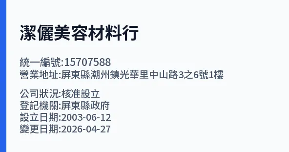 潔儷美容材料行的照片-統編 15707588(屏東縣) 公司登記資料與營業項目詳細圖表